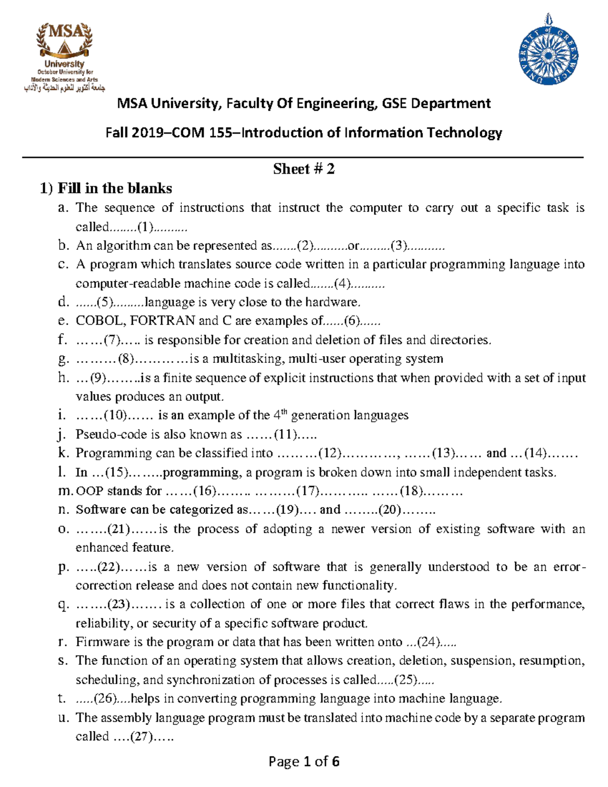 IT - sheet 2 - Fall 2019–COM 155–Introduction of Information Technology - Studocu