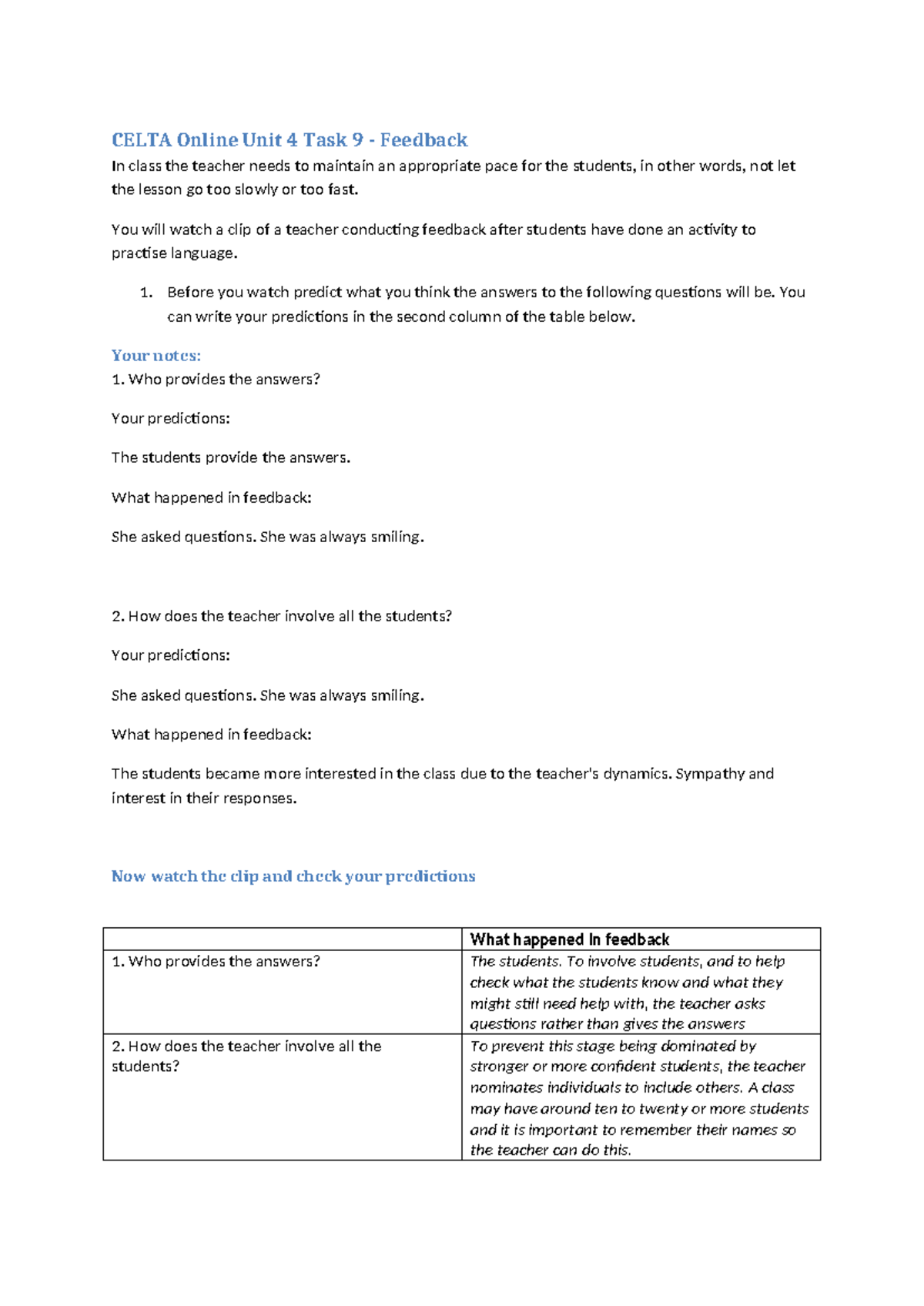 Celta Online Unit 4 Task 9 - Feedback - CELTA Online Unit 4 Task 9 ...