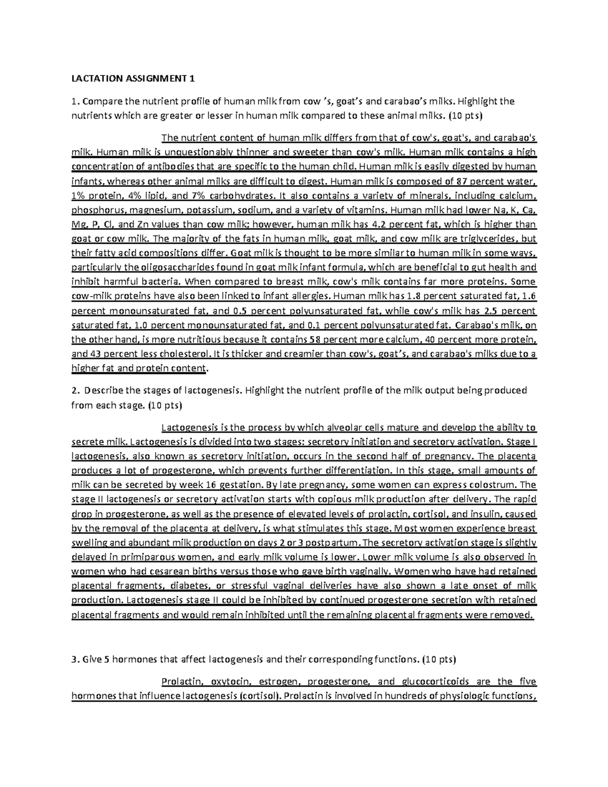Lactation Assignment 1 - LACTATION ASSIGNMENT 1 1. Compare the nutrient ...