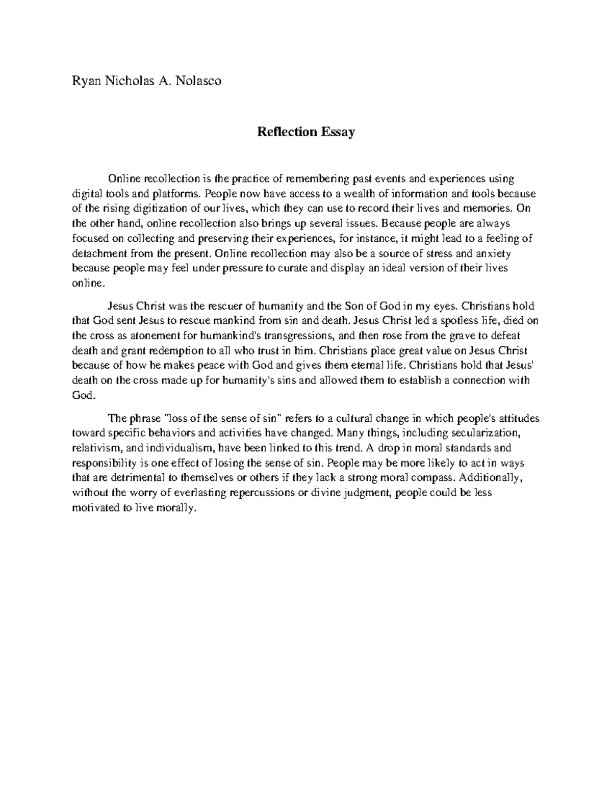 Nolasco Fcl 1202 Reflection Essay On The Topic Of Online Recollection Ryan Nicholas A Nolasco