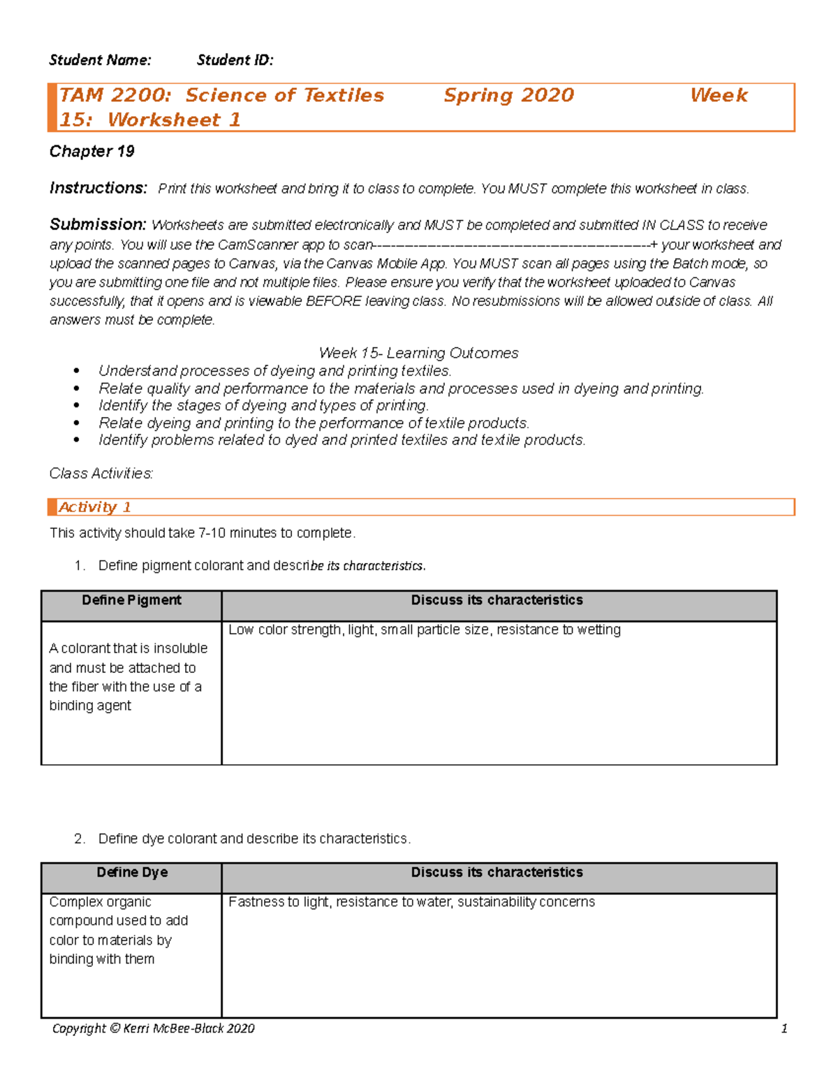 Week 15 Worksheet 1 SP20 - Student Name: Student ID: TAM 2200: Science ...