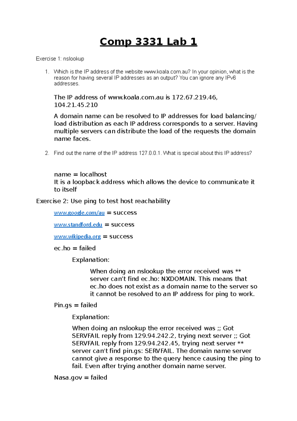 Lab work for course - Comp 3331 Lab 1 Exercise 1: nslookup Which is the IP address of the ...