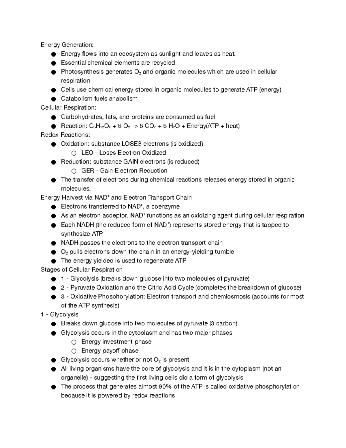 Exam 2 Review - Summary General Biology I - Energy Generation: Energy ...