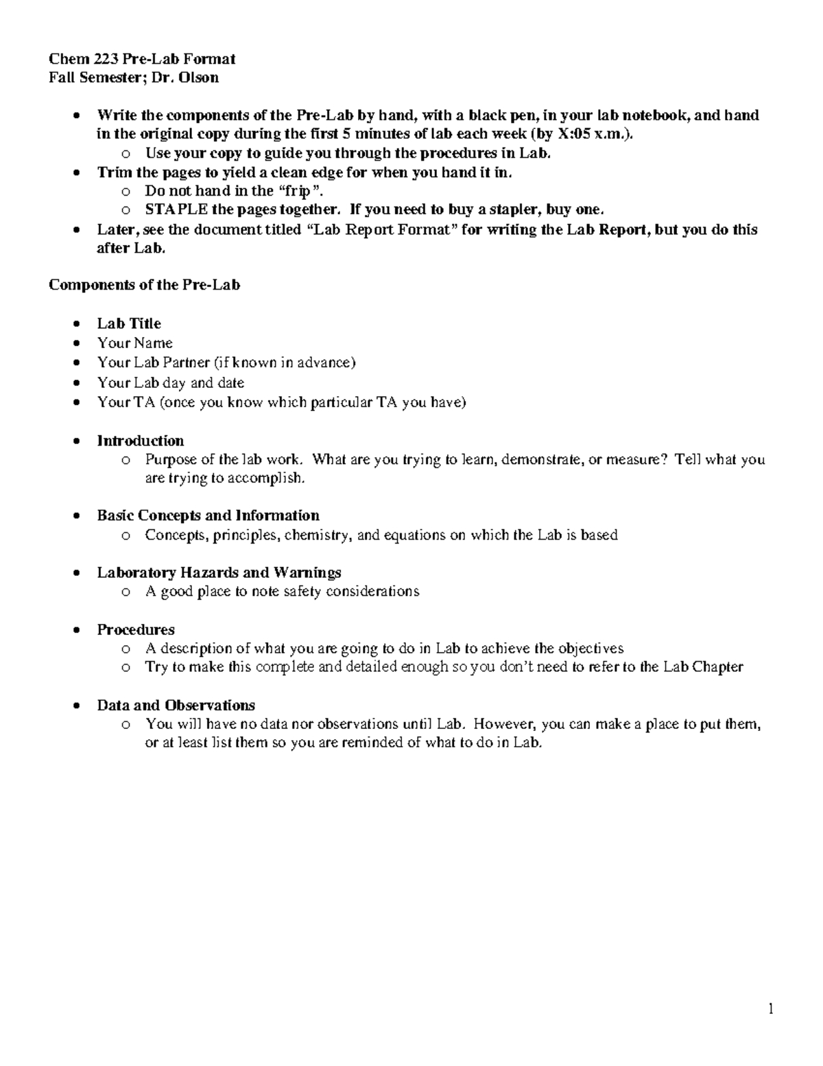 1 - Chem 223 Pre-Lab Format - 1 Chem 223 Pre-Lab Format Fall Semester; Dr. Olson Write the - Studocu