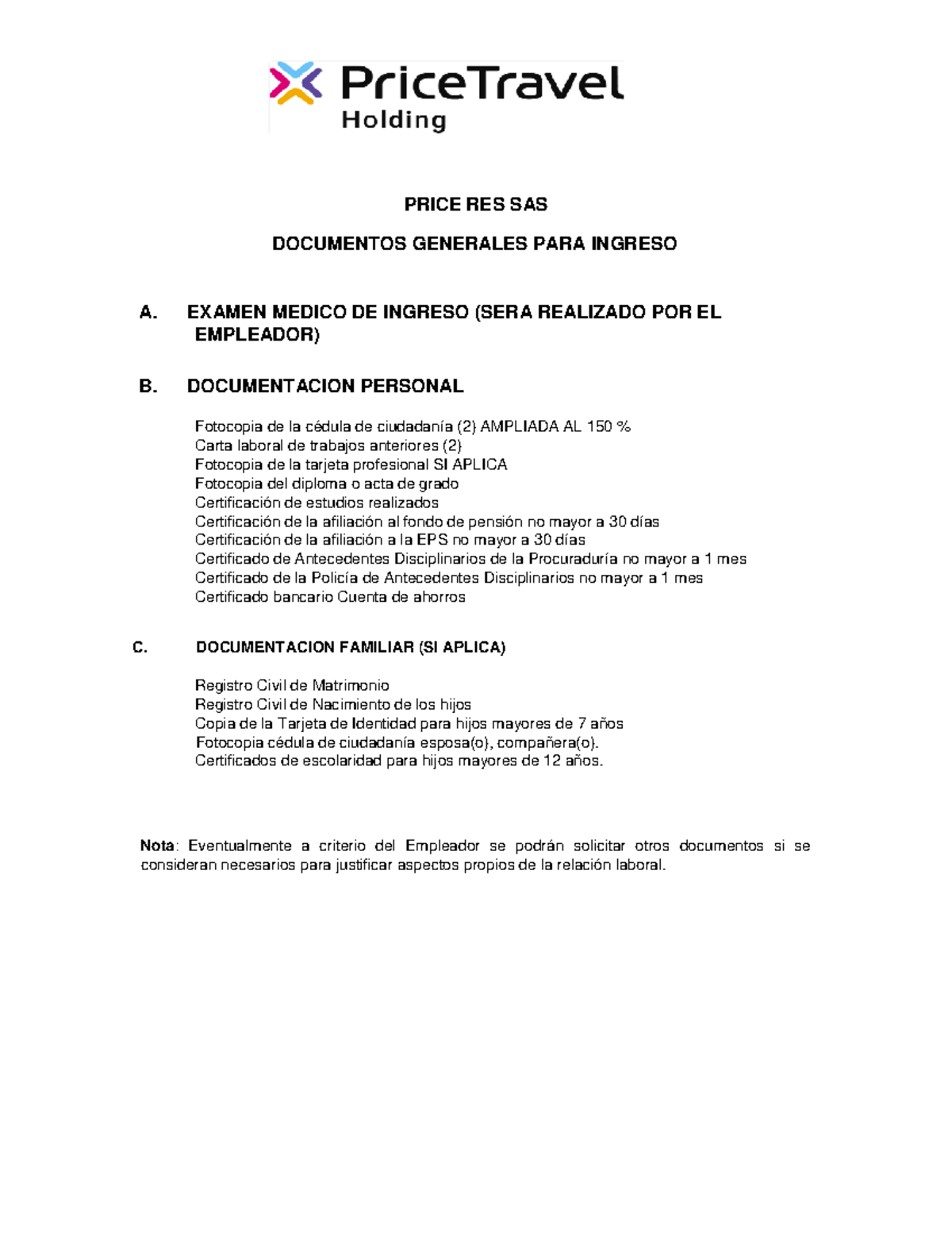 Requisitos Ingreso - Proyecto de desarrollo - PRICE RES SAS DOCUMENTOS ...
