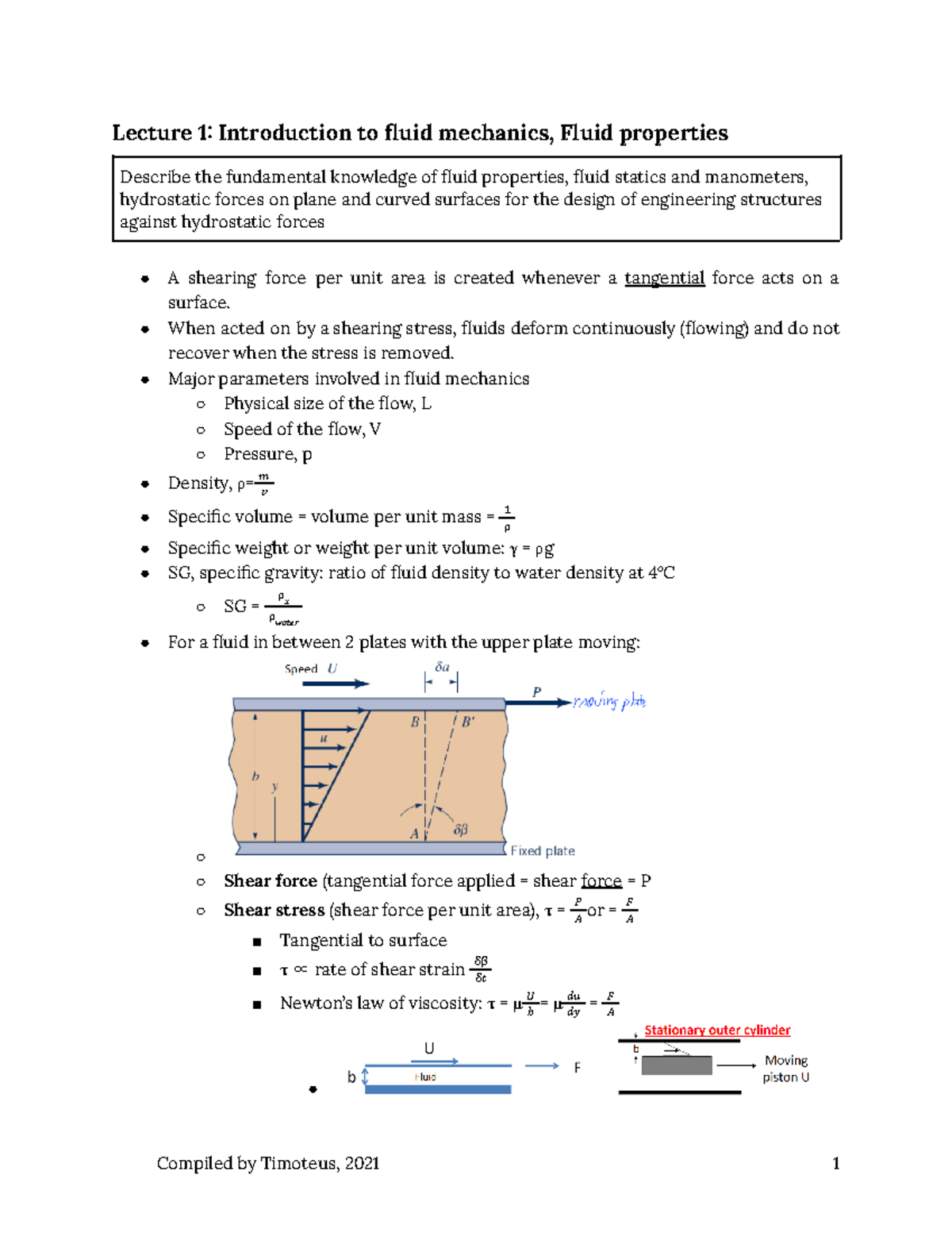 CV1012 Notes - Lecture 1 Introduction to fluid mechanics, Fluid ...