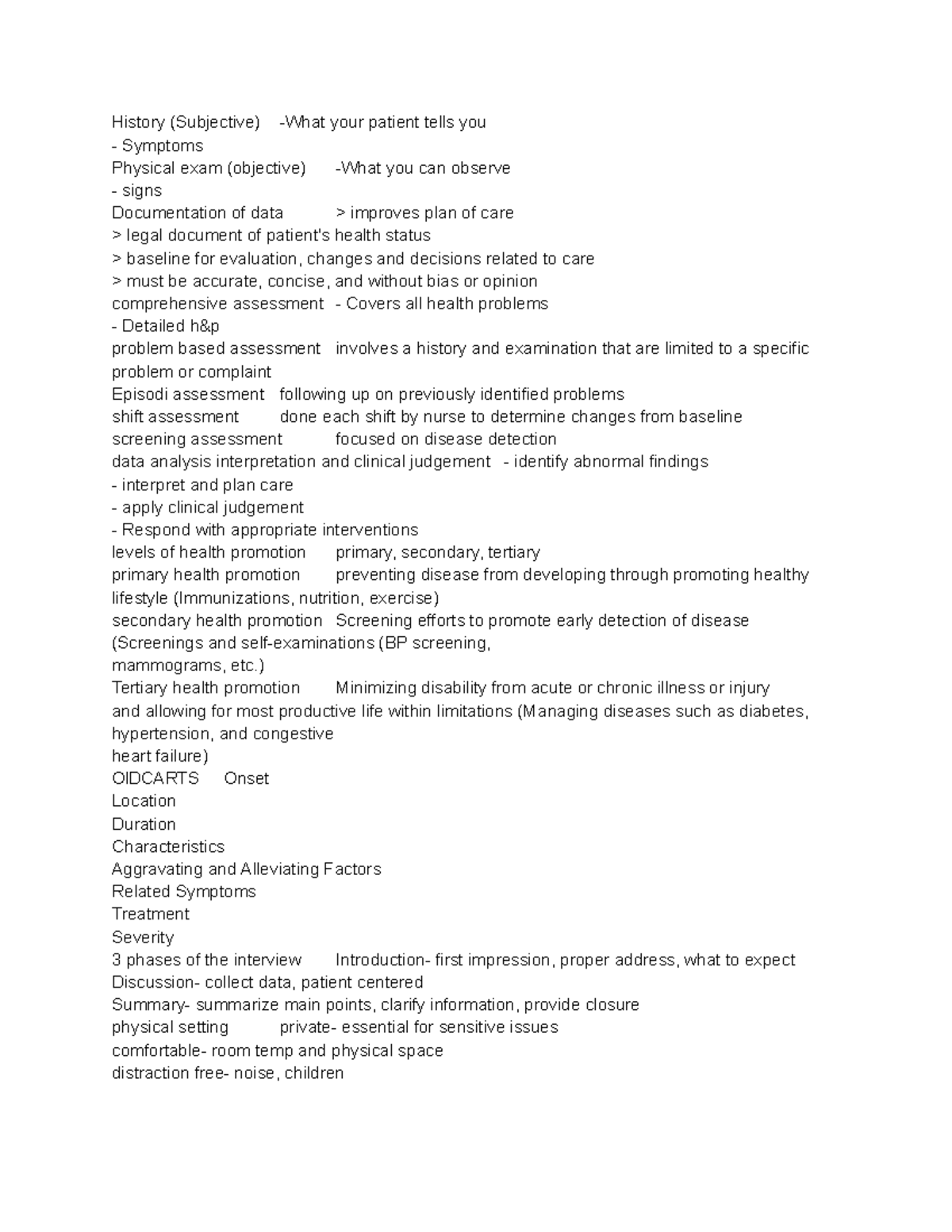 Physical assessemt exam one - History (Subjective) -What your patient ...