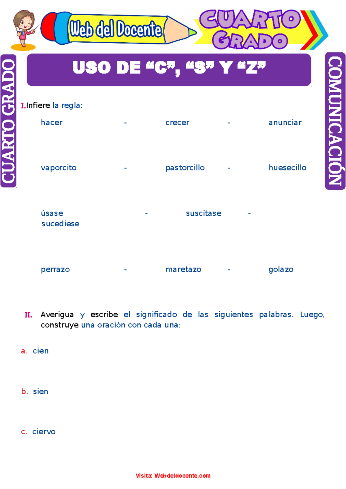 Uso de C S y Z para Cuarto Grado de Primaria - I la regla: hacer ...