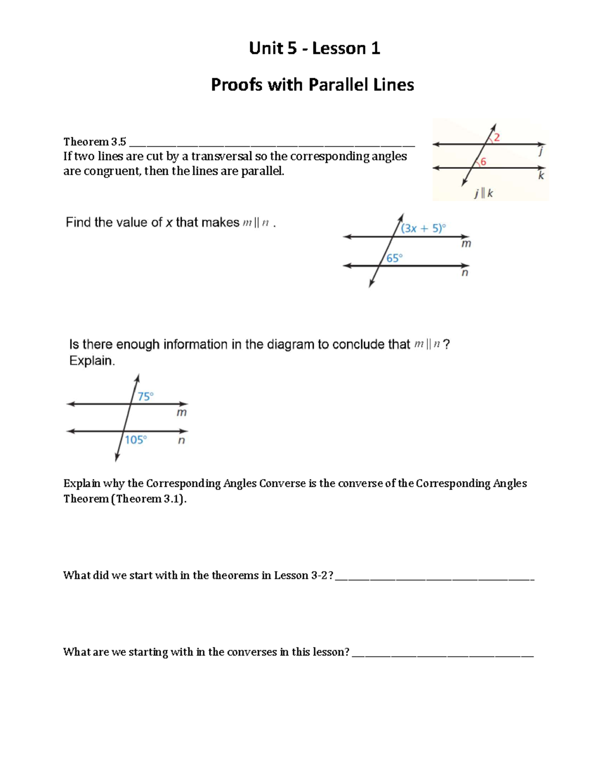 Notes Geometry Unit5 - Unit 5 - Lesson 1 Proofs with Parallel Lines ...