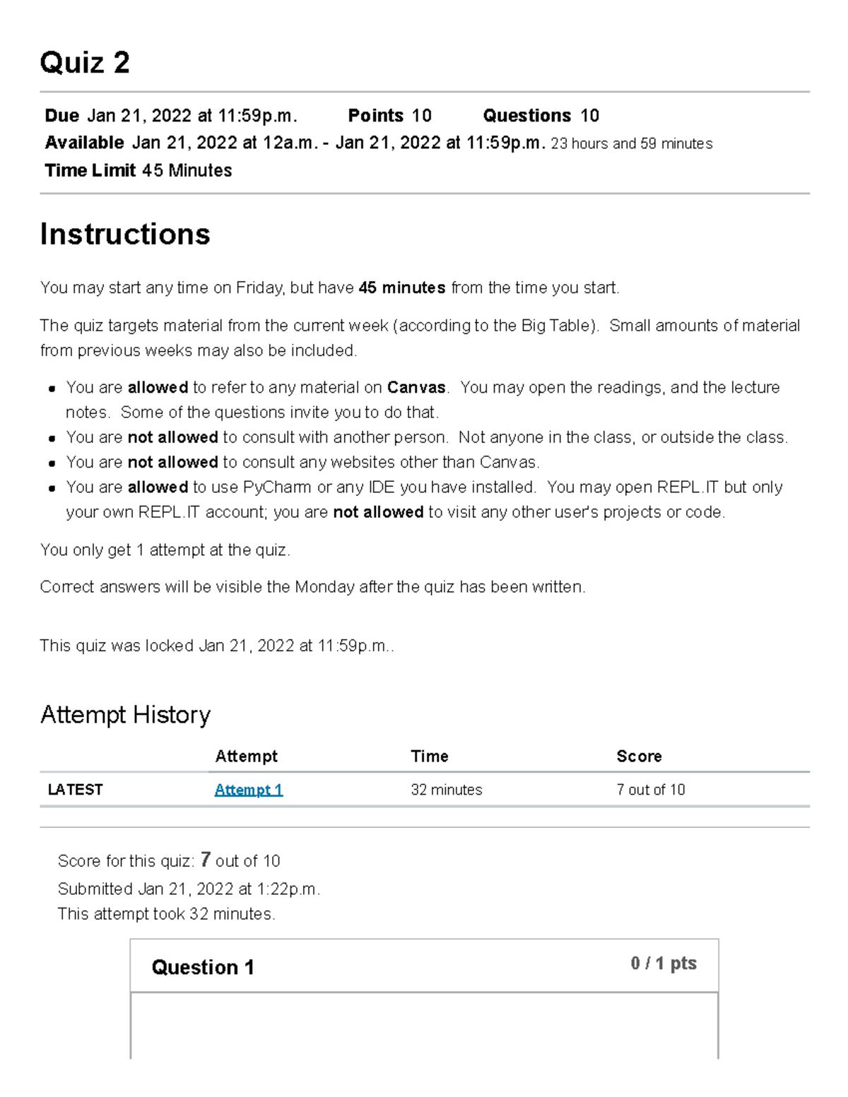 Quiz 2 CMPT-145 - Quiz - Quiz 2 Due Jan 21, 2022 at 11:59p. Points 10 Questions 10 Available Jan ...