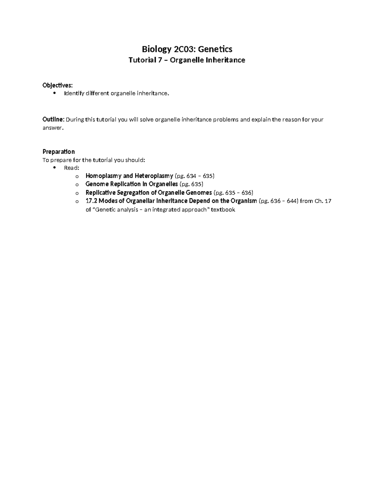Tutorial 7 guide - Biology 2C03: Genetics Tutorial 7 – Organelle Inheritance Objectives ...