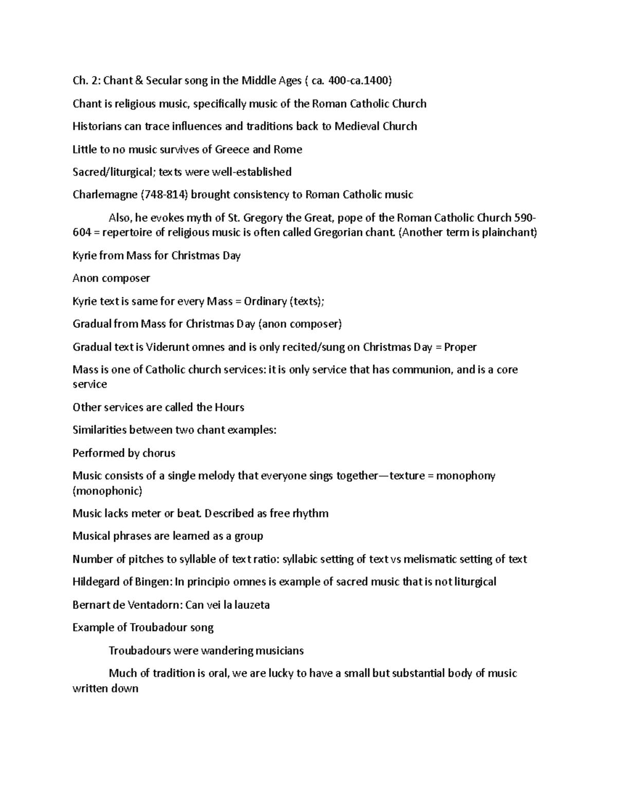 1000 Years Midterm One Notes - Ch. 2: Chant & Secular song in the ...