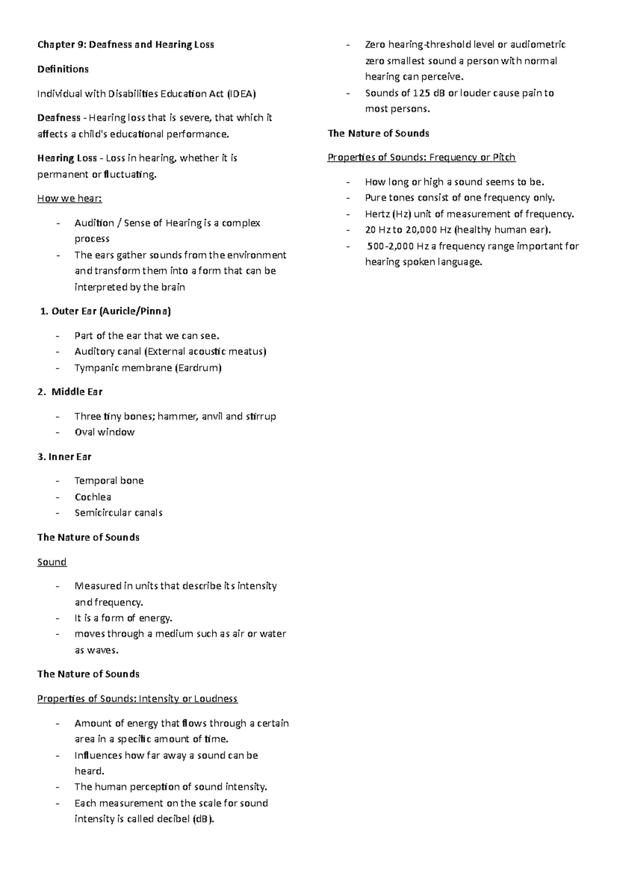 Chapter 9 hearing - for helping student - Chapter 9: Deafness and ...