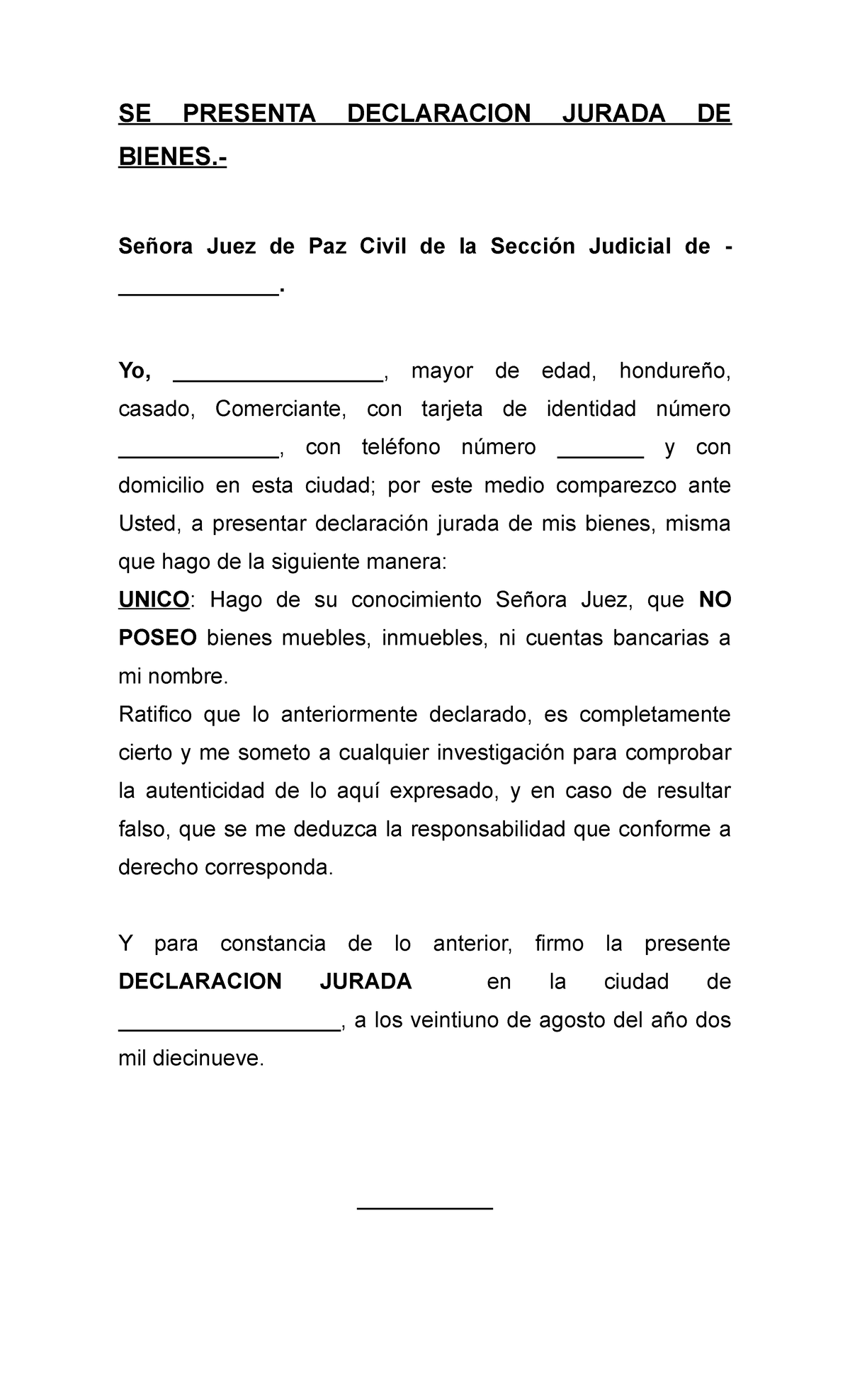Declaracion Jurada De Bienes - SE PRESENTA DECLARACION JURADA DE BIENES ...