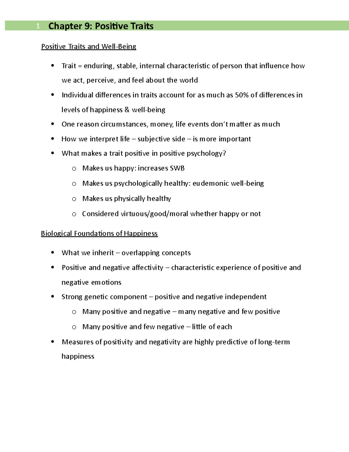 Ch 9 - Positive Traits - Notes - Positive Traits and Well-Being Trait ...