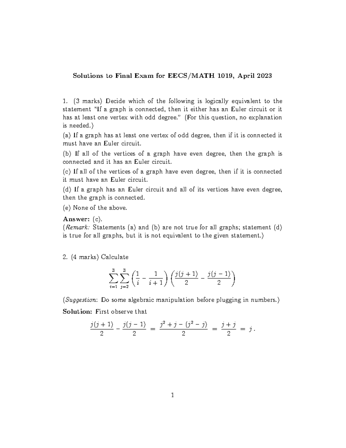 1019exam W 23 solutions - Solutions to Final Exam for EECS/MATH 1019 ...