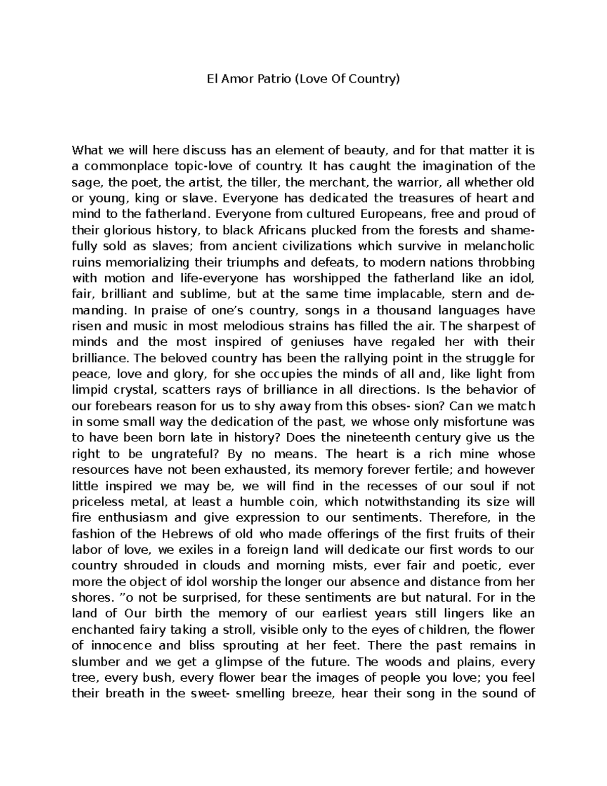 Valerio-El Amor Patrio(Love Of Country)- Essay - El Amor Patrio (Love ...