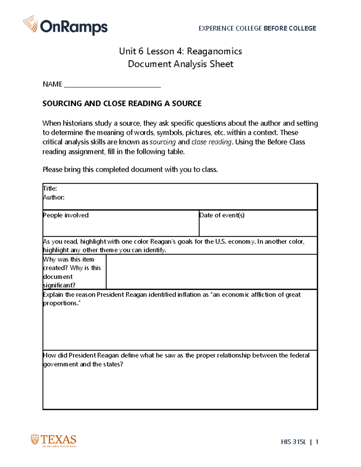 315l U6 L6 4 Document Analysis Sheet His 315l 1 Experience College