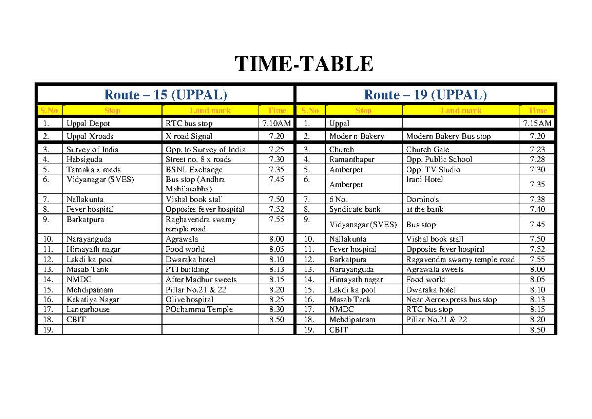 Students Transport TIME Table 2019 20 - TIME-TABLE Route – 15 (UPPAL ...
