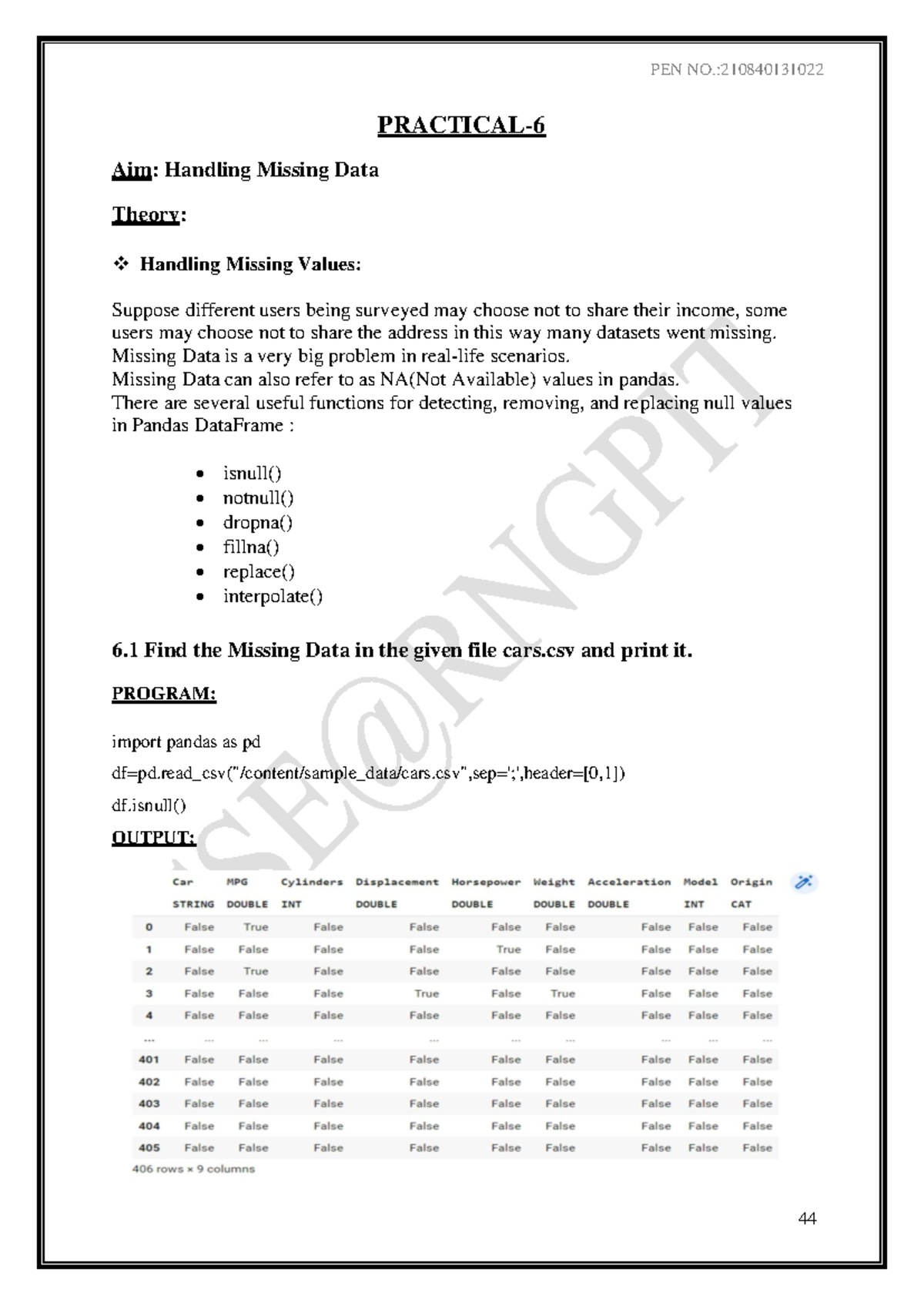Practical 6 (22) - PRACTICAL- 6 Aim: Handling Missing Data Theory ...
