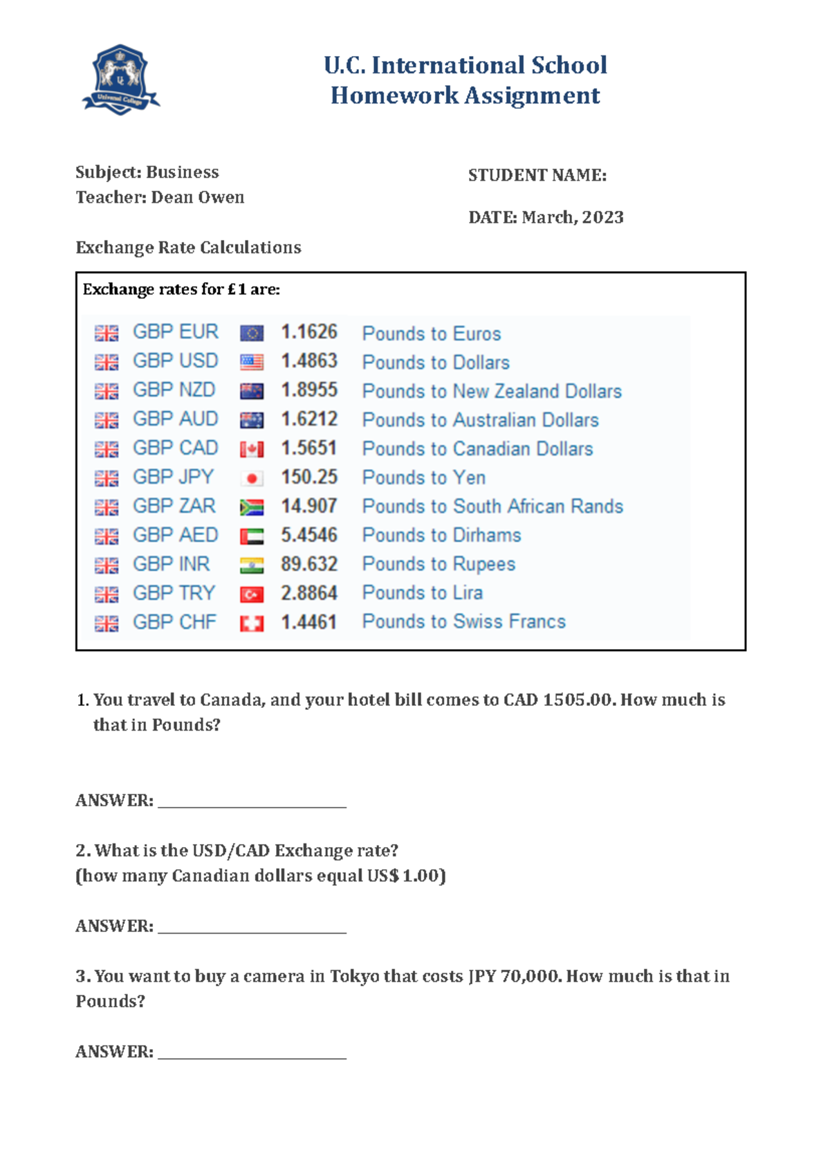 Exchange Rate Calculations Homework - U. International School Homework ...
