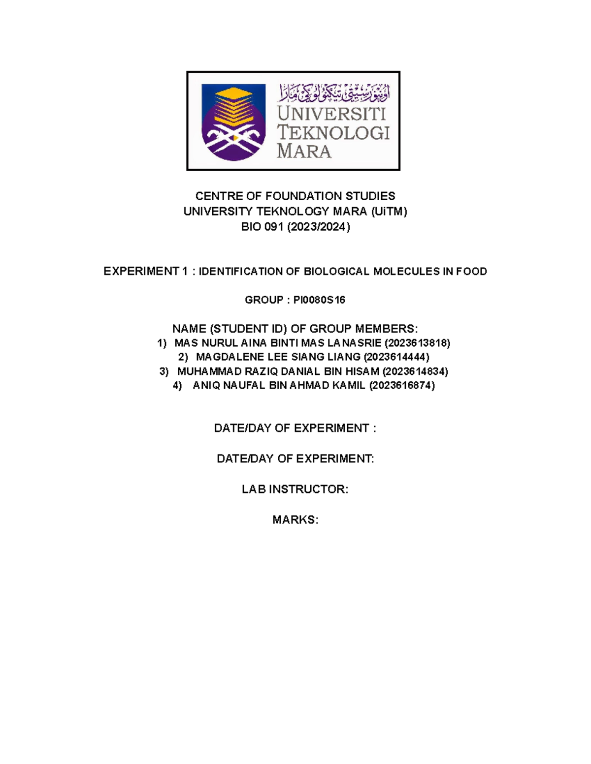 Bio Experiment 1 Lab Report - CENTRE OF FOUNDATION STUDIES UNIVERSITY ...