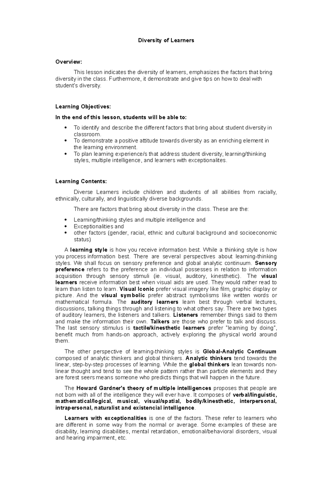 Written report Diversity OF Learners - Facilitating Learner Centered ...