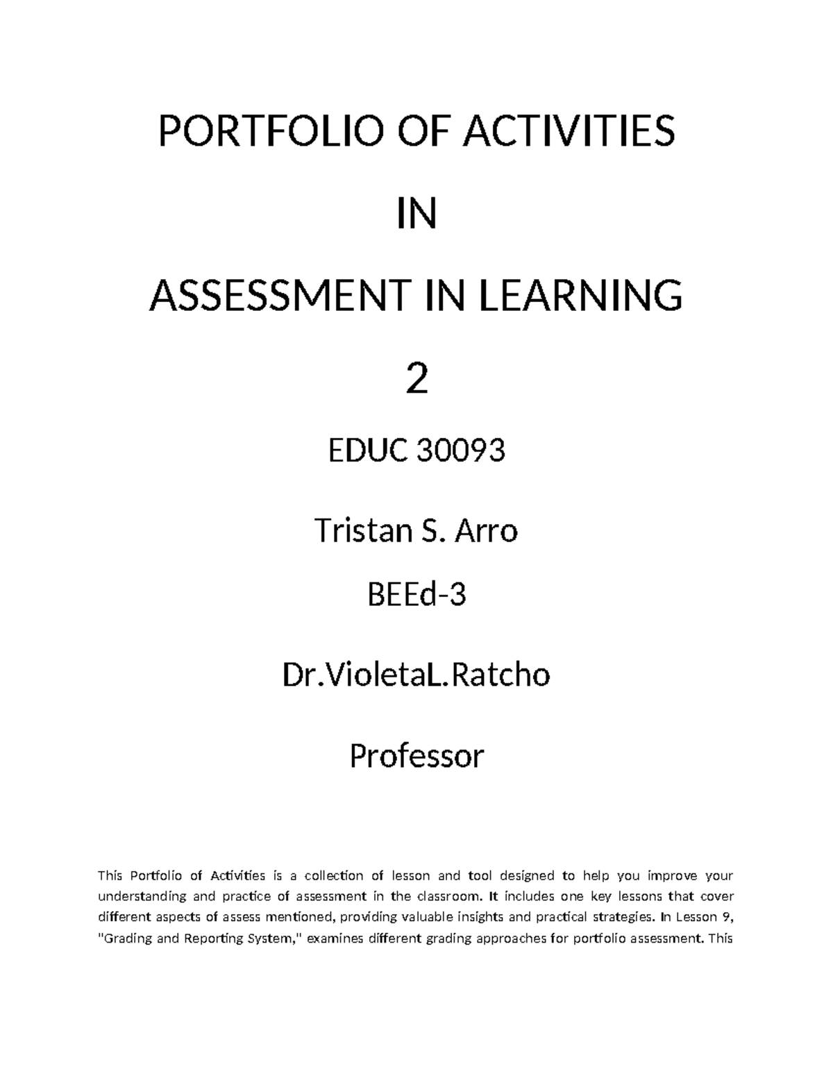 ARRO Tristan S. POA AIL2 - PORTFOLIO OF ACTIVITIES IN ASSESSMENT IN ...