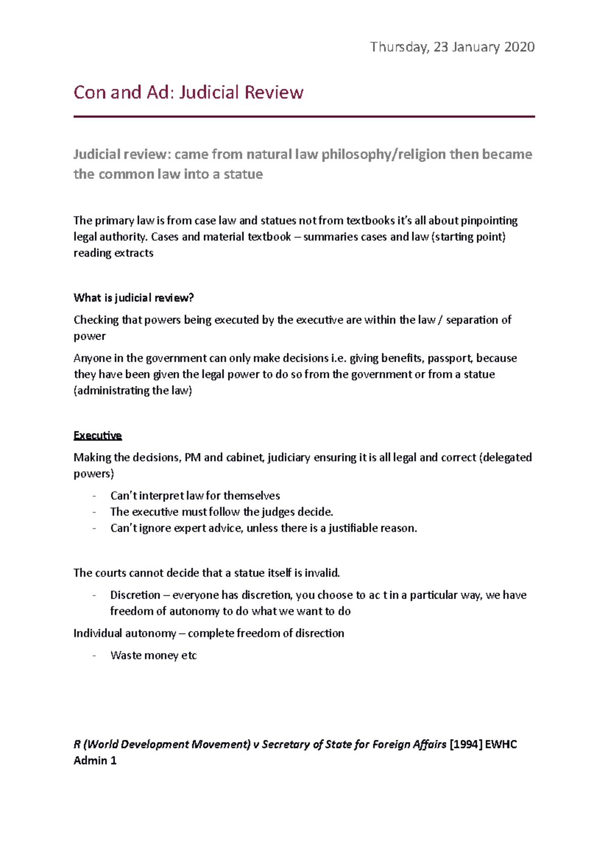 Judical Review Part 1 - Thursday, 23 January 2020 Con and Ad: Judicial ...
