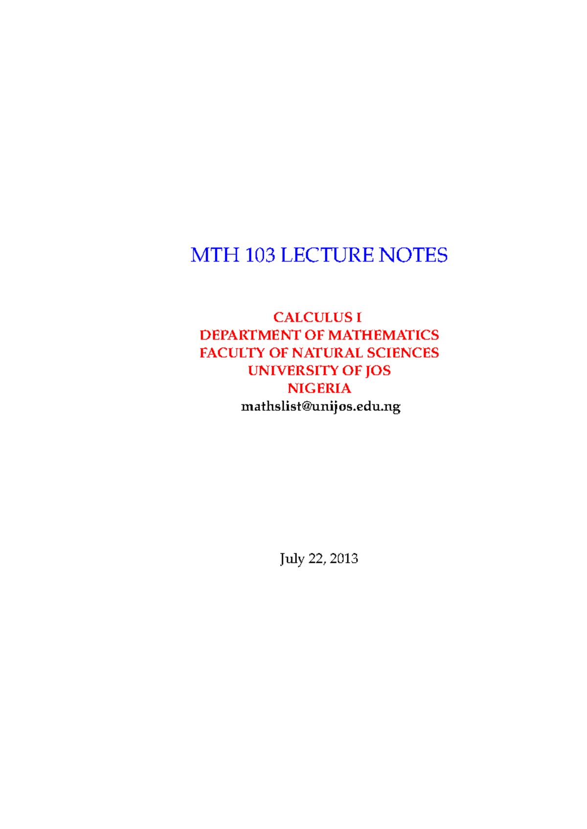 MTH 103 Unijos-Gagare 4Nassites - MTH 103 LECTURE NOTES CALCULUS I ...