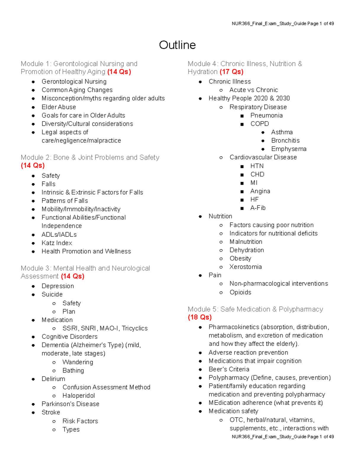 NUR366 Final Exam Blueprint - Outline Module 1: Gerontological Nursing ...