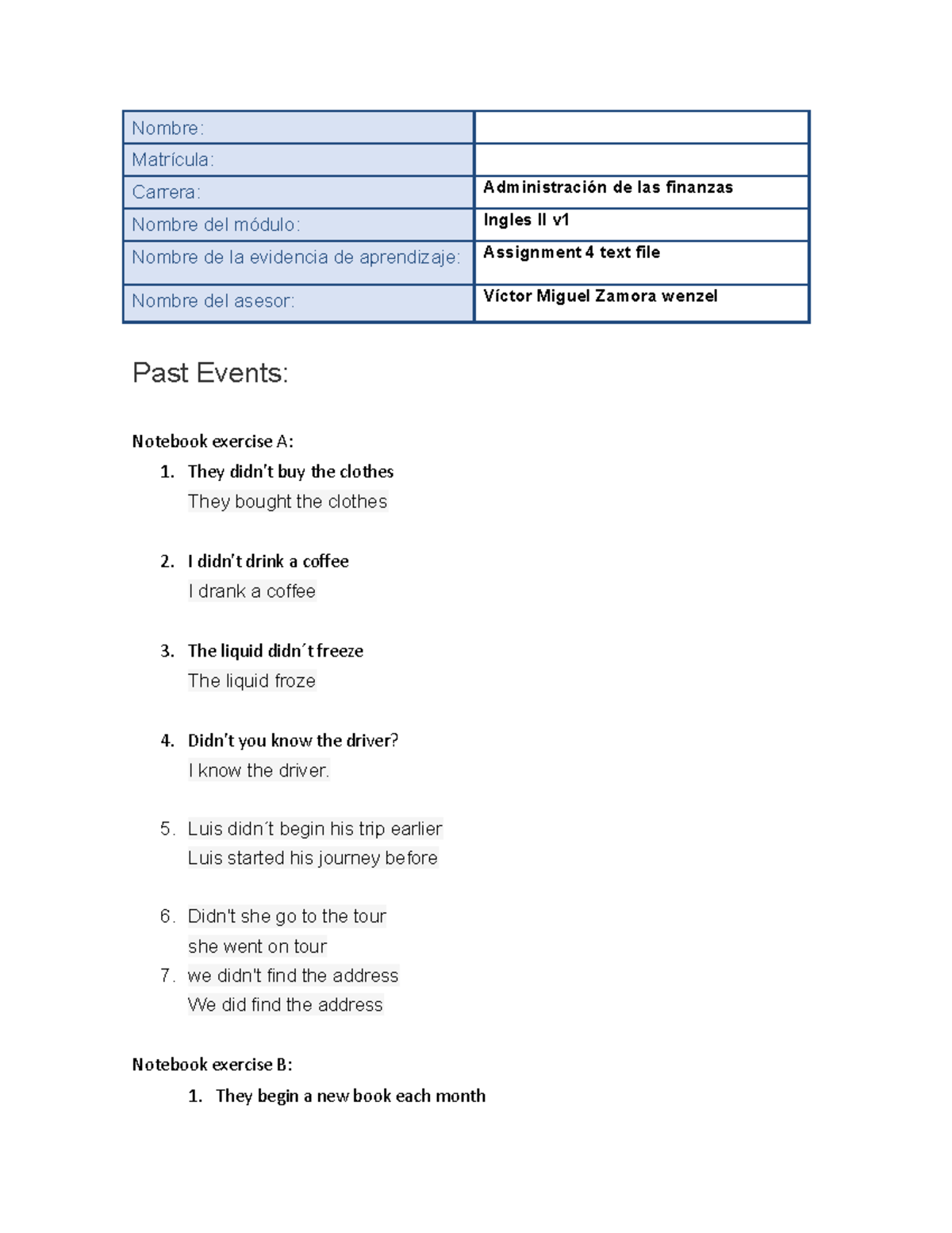 INGLES 2 U2 Sentences studocu - Nombre: Matrícula: Carrera ...