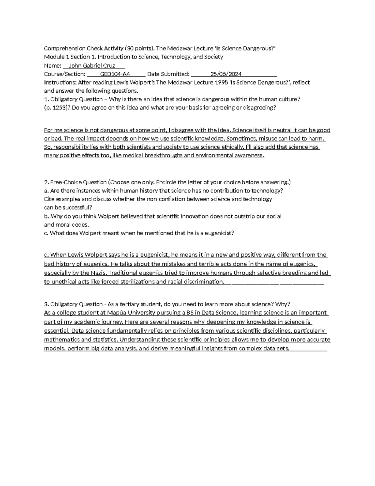 CRUZ-MRR1 - ged104 mrr1 - Comprehension Check Activity (30 points). The ...