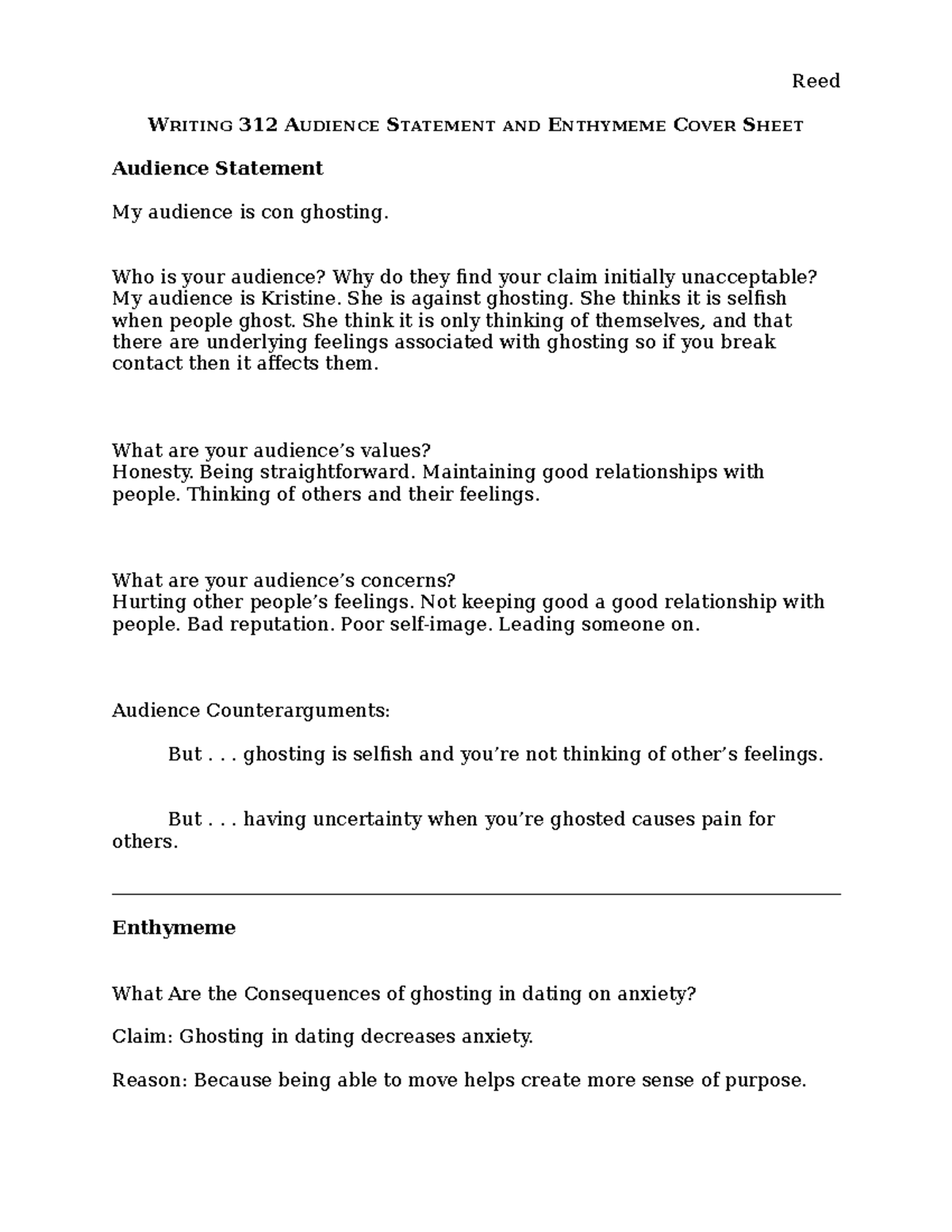 312 Audience Statement and Enthymeme Cover Sheet - Reed WRITING 312 ...