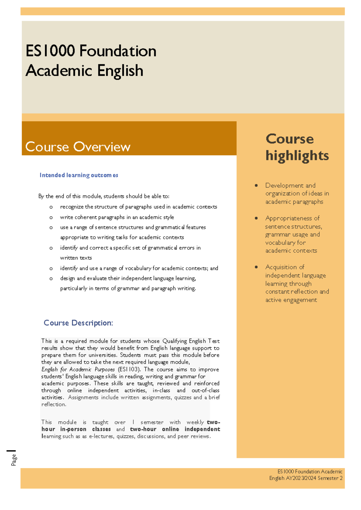 Course Overview AY2324 Sem 2 - ES1000 Foundation Academic ES1000 ...