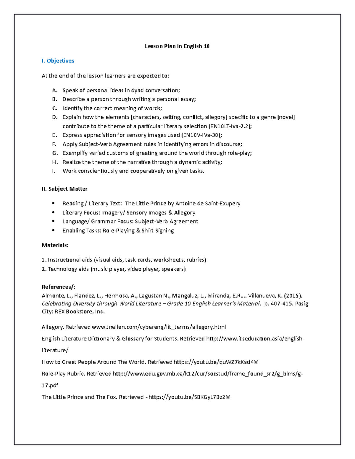 LP on The Little Prince Chap 21 SVA - Lesson Plan in English 10 I ...