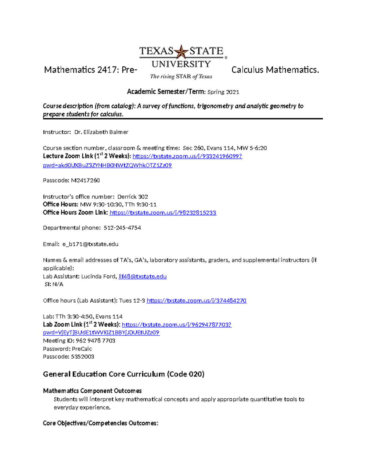 Syllabus - MATH2417 Section 260 Spring 2021 - Mathematics 2417: Pre ...