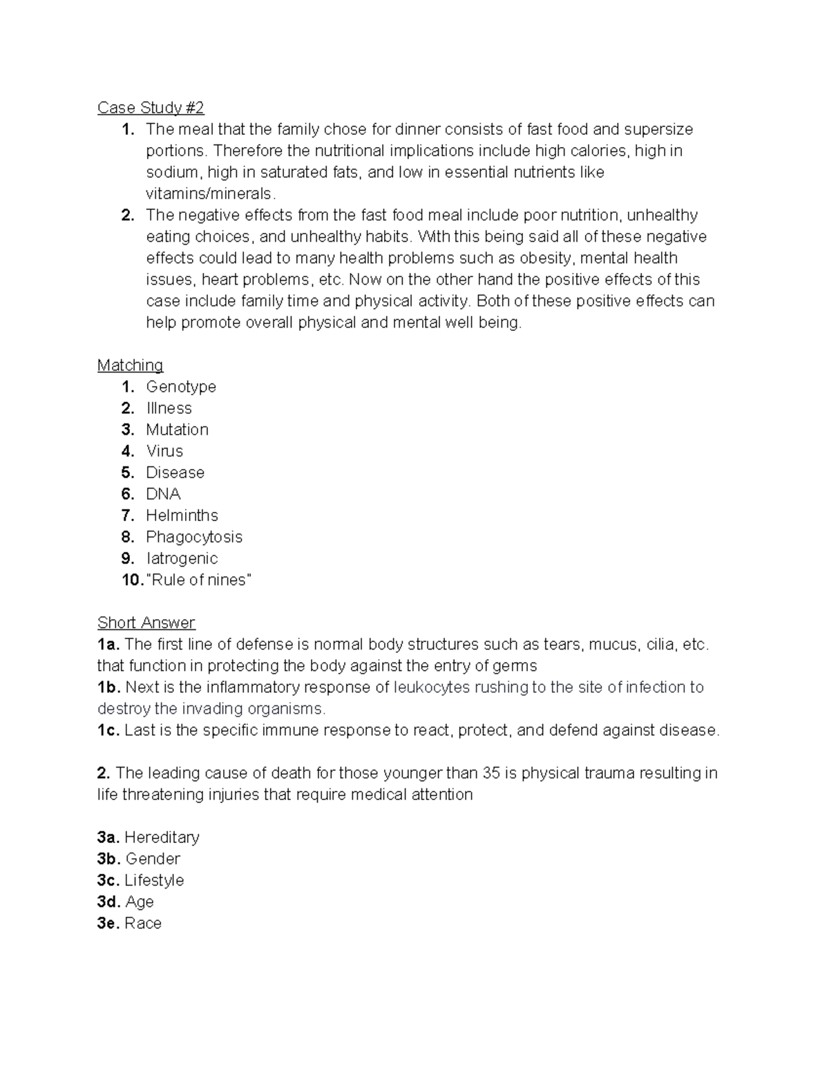 Chapter 1 homework - Case Study # 1. The meal that the family chose for ...