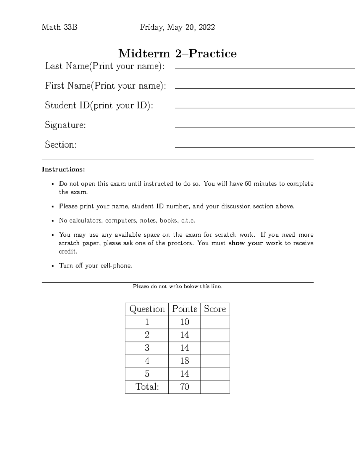 22S MAth33B Wumaier Midterm 2 Practice - Math 33B Friday, May 20, 2022 Midterm 2–Practice Last ...