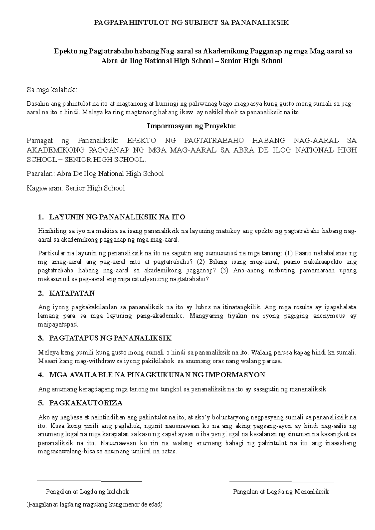 Consent FORM - PAGPAPAHINTULOT NG SUBJECT SA PANANALIKSIK Epekto ng ...