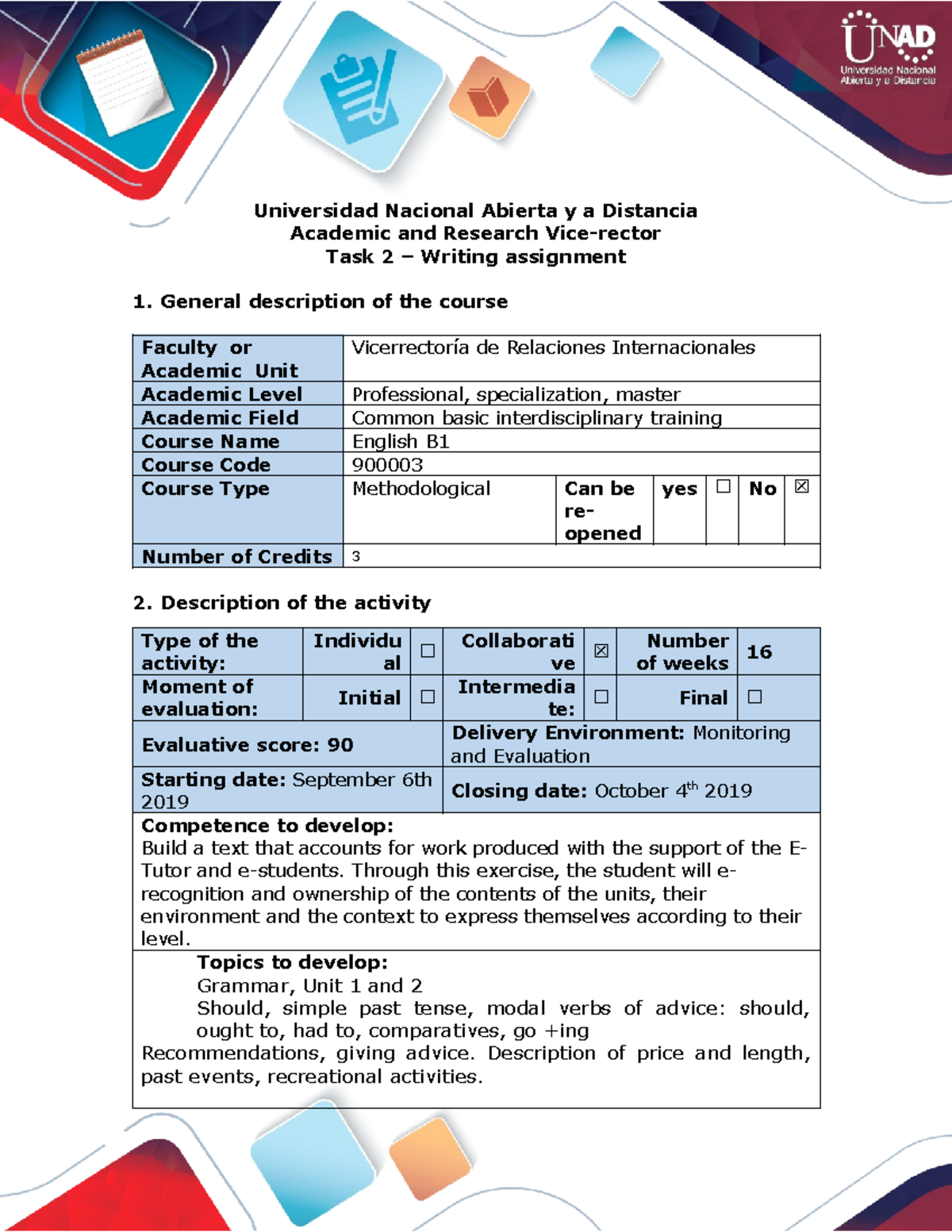 Activities guide - Task 2- Writing Production - Universidad Nacional ...