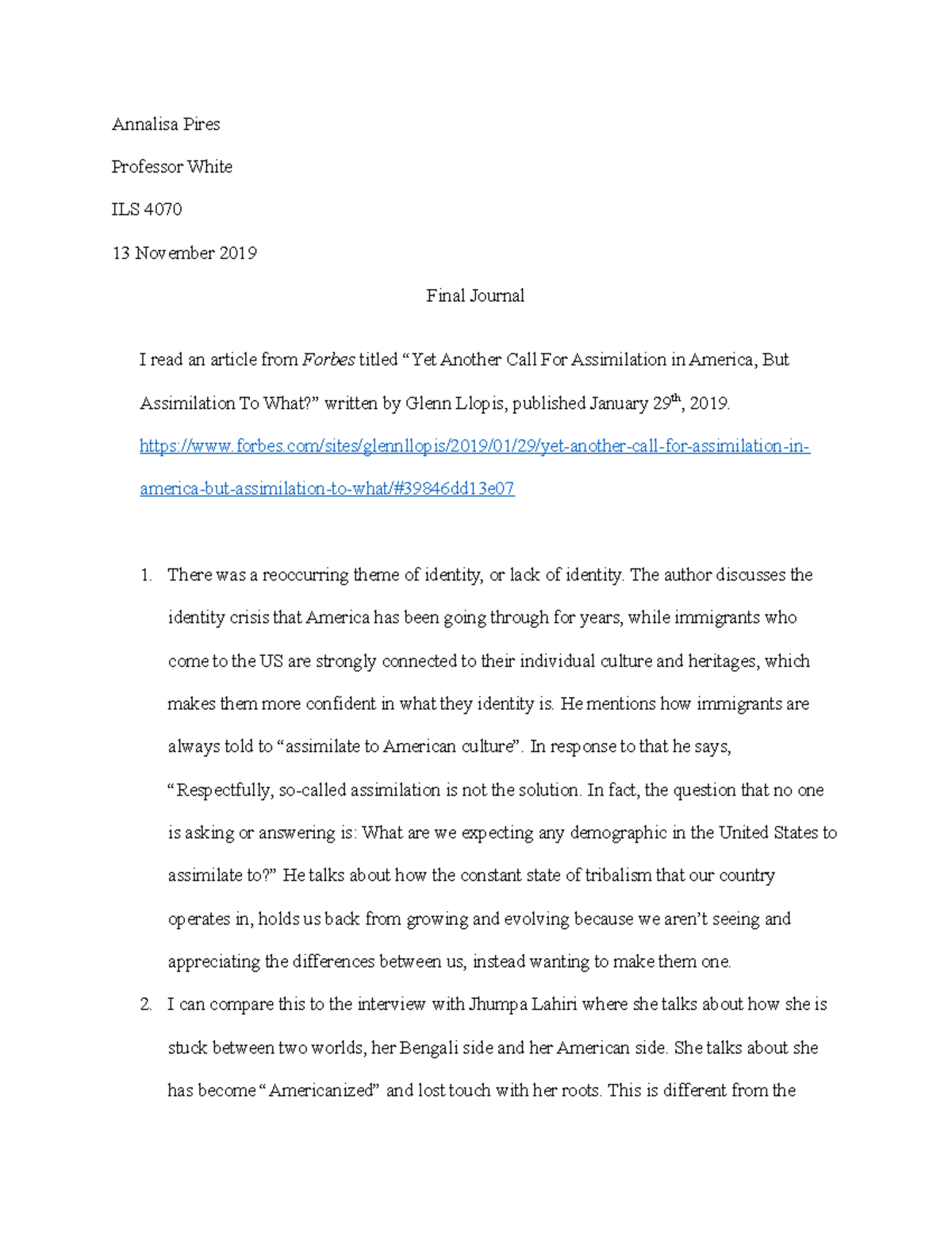 Final journal - Annalisa Pires Professor White ILS 4070 13 November ...
