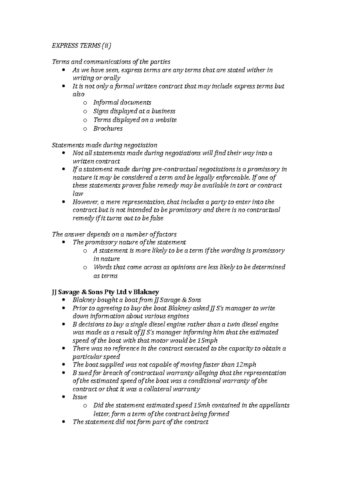 Express Terms- week 6 - Contracts Notes - EXPRESS TERMS (ii) Terms and ...