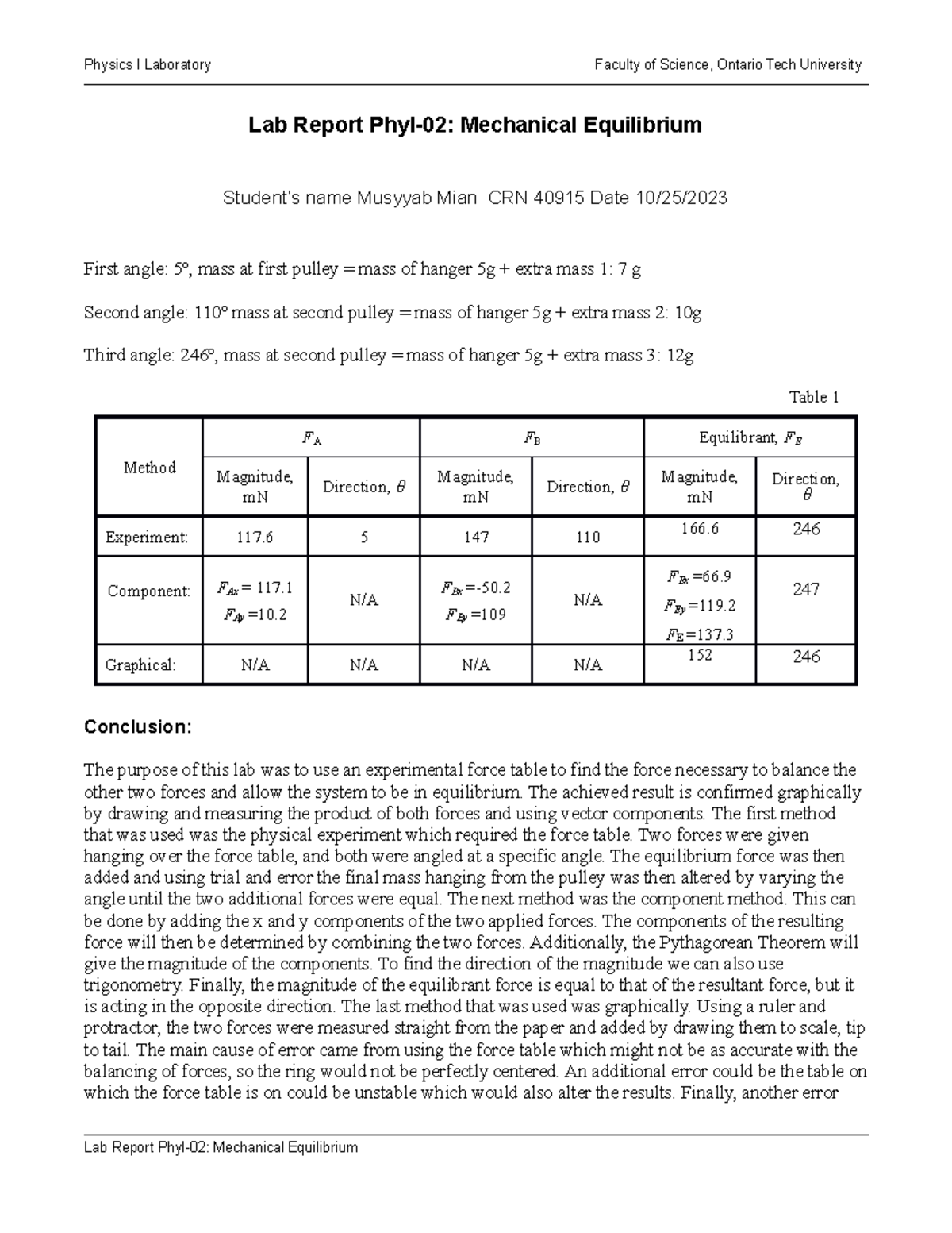 Physics Lab # 3 - Physics I Laboratory Faculty of Science, Ontario Tech ...