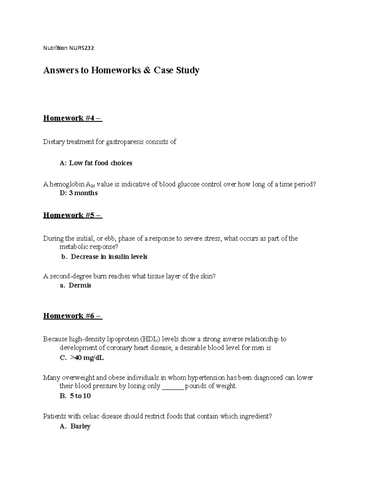 Homework assignment - Nutrition NURS Answers to Homeworks & Case Study ...