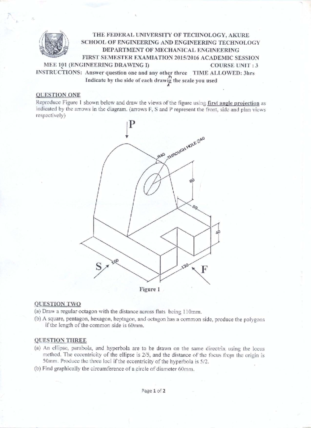 MEE 101 (2015 -2016 ) Engineering 10001 A - Engineering drawing - Studocu