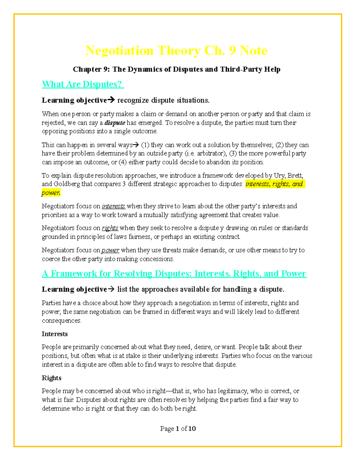 Negotiation Ch 9 Note - Negotiation Theory Ch. 9 Note Chapter 9: The ...