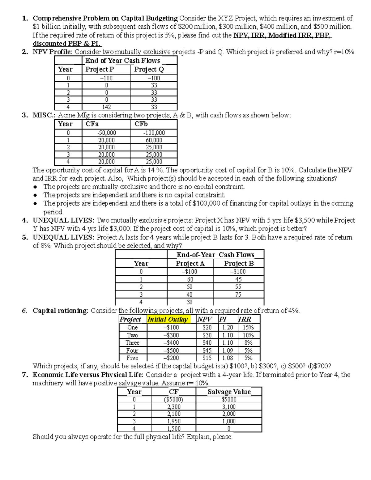 Capital Budgeting Problem - 1. Comprehensive Problem on Capital ...