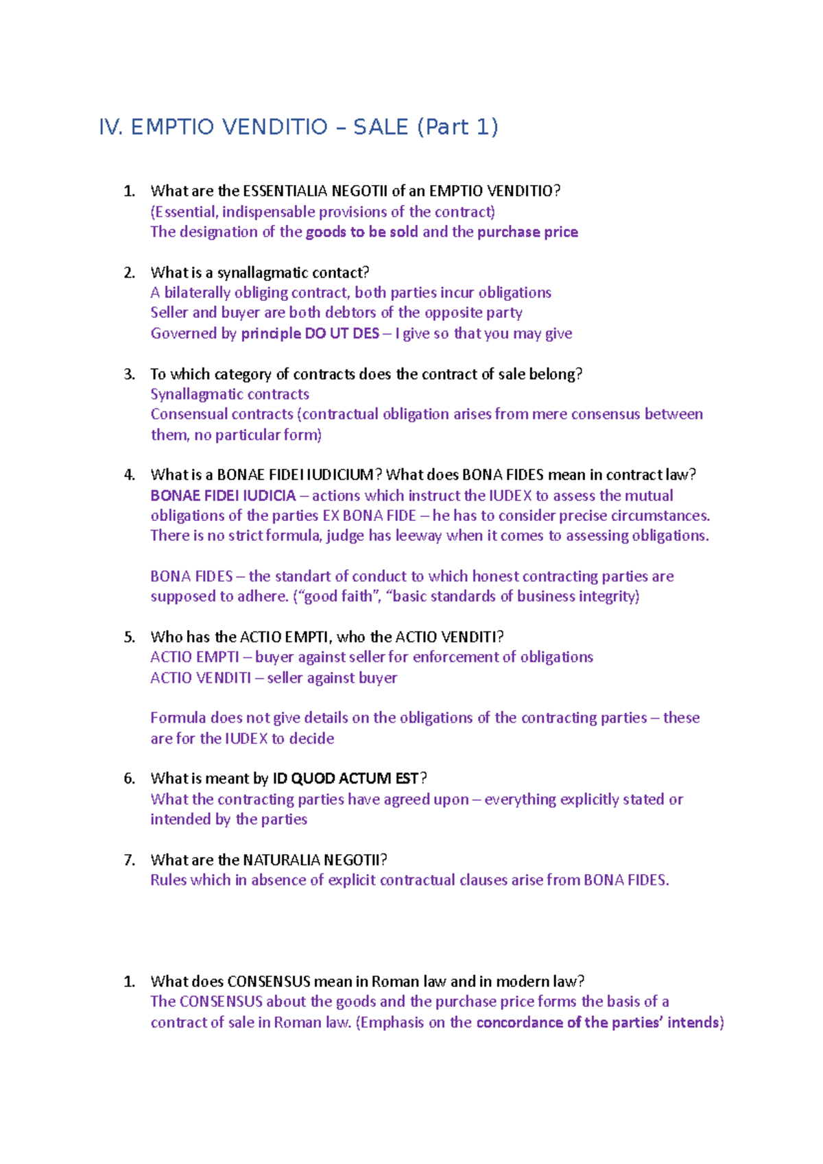 Emptio Venditio Summary - IV. EMPTIO VENDITIO – SALE (Part 1) What are ...