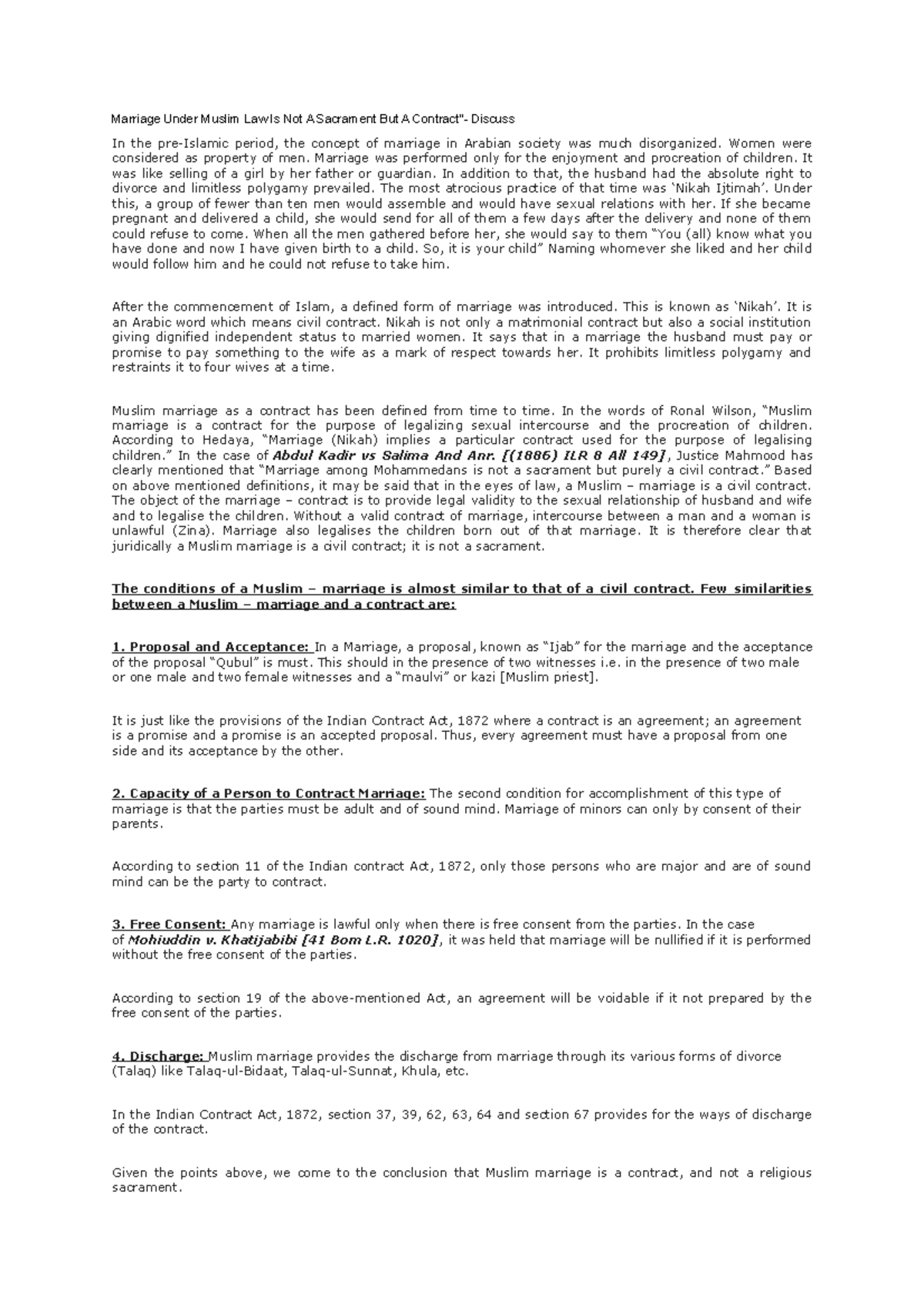 Muslim marriage contract - Marriage Under Muslim Law Is Not A Sacrament But A Contract”- Discuss ...